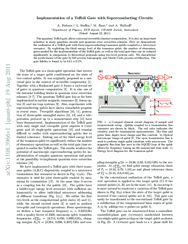 (PDF) Implementation of a Toffoli gate with superconducting circuits