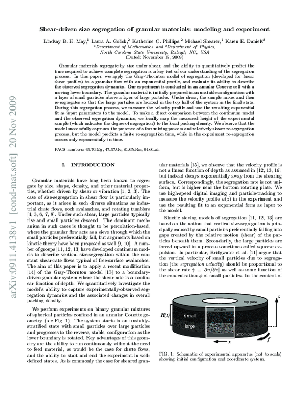 (PDF) Shear-driven size segregation of granular materials: Modeling and experiment