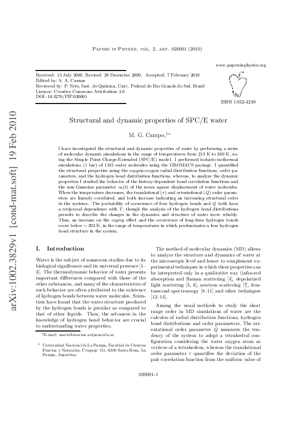 (PDF) Structural and dynamic properties of SPC/E water