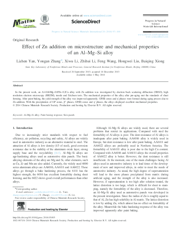 (PDF) Effect of Zn addition on microstructure and mechanical properties of an Al–Mg–Si alloy