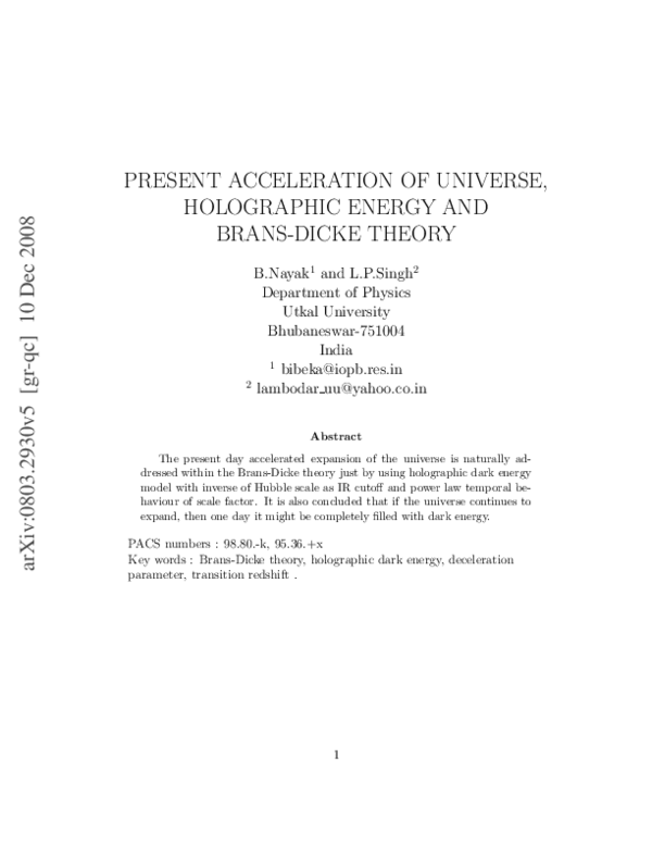 (PDF) PRESENT ACCELERATION OF THE UNIVERSE, HOLOGRAPHIC ENERGY AND ...
