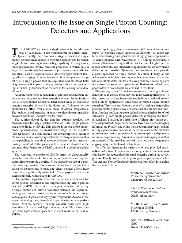 (PDF) Introduction to the Issue on Single Photon Counting: Detectors and Applications