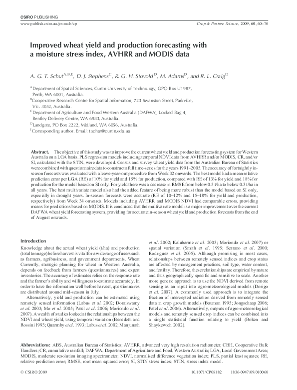 (PDF) Improved wheat yield and production forecasting with a moisture stress index, AVHRR and ...