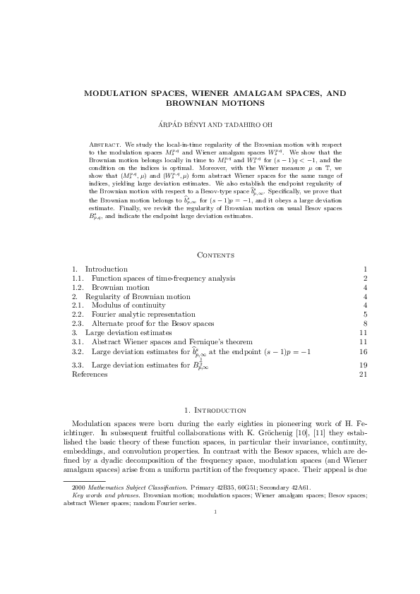 (PDF) Modulation spaces, Wiener amalgam spaces, and Brownian motions