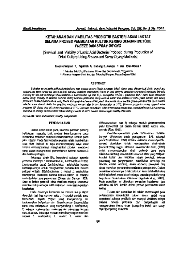 (PDF) Ketahanan dan viabilitas probiotik bakteri asam laktat selama proses pembuatan kultur ...