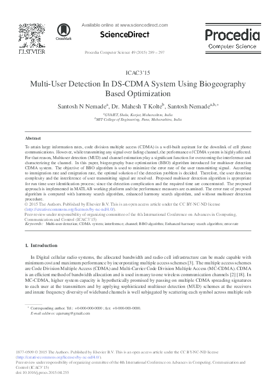 Pdf Multi User Detection In Ds Cdma System Using Biogeography Based Optimization Mahesh