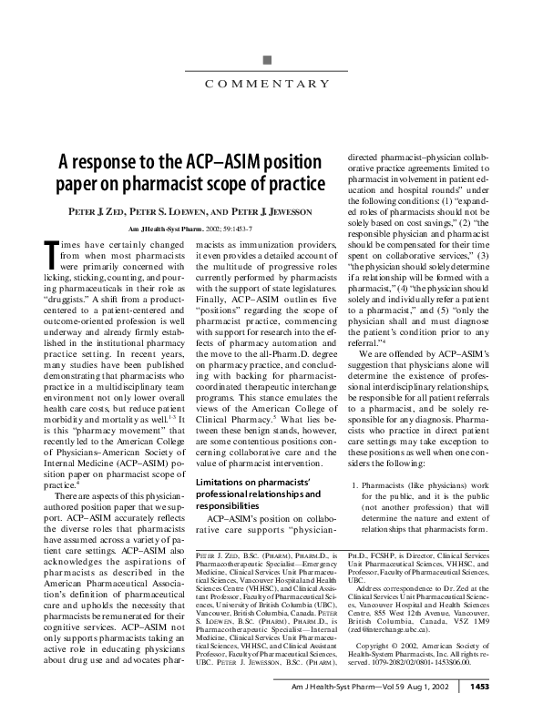 (PDF) A response to the ACP-ASIM position paper on pharmacist scope of ...