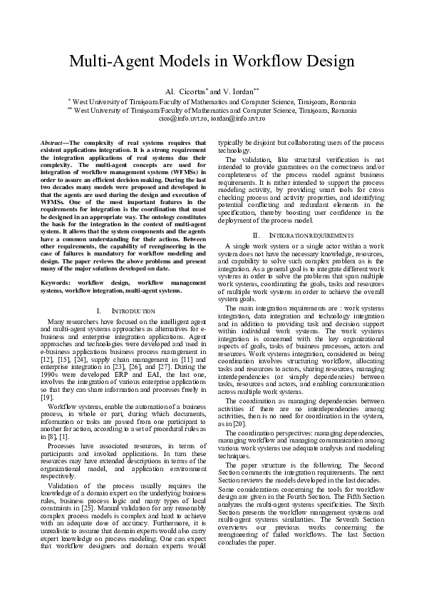 (PDF) Multi-agent models in workflow design | Alexandru Cicortas and Victoria Iordan - Academia.edu