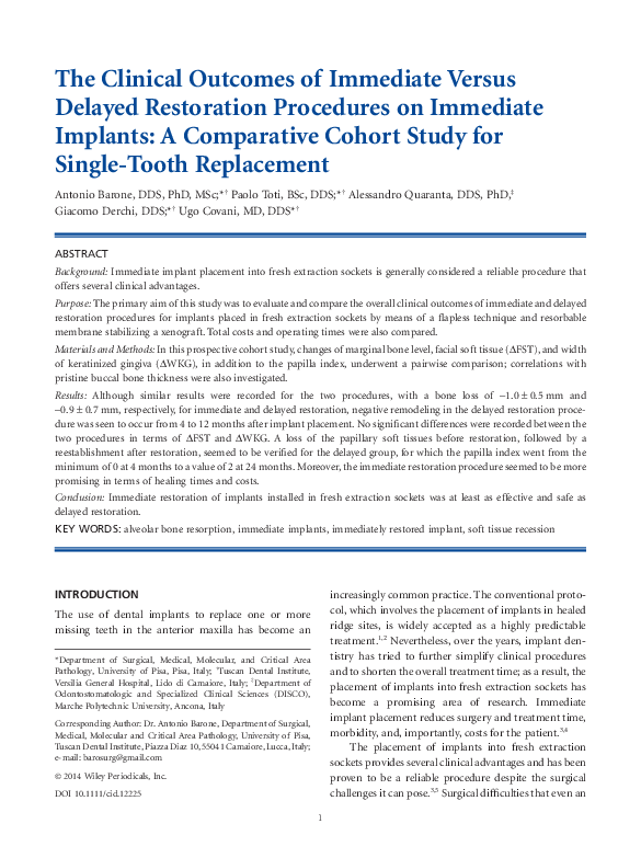 (PDF) The Clinical Outcomes of Immediate Versus Delayed Restoration ...