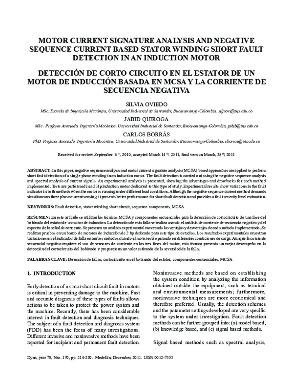 Pdf Motor Current Signature Analysis And Negative Sequence Current Based Stator Winding Short