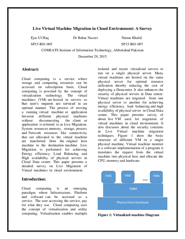 (PDF) Live Virtual Machine Migration in Cloud Environment: A Survey