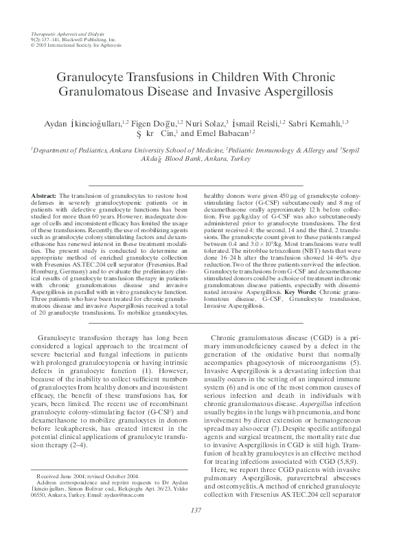 (PDF) Granulocyte Transfusions in Children With Chronic Granulomatous ...