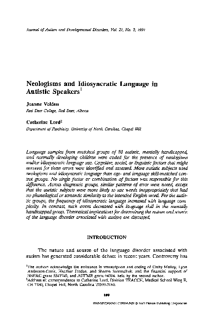 (PDF) Neologisms and idiosyncratic language in autistic speakers