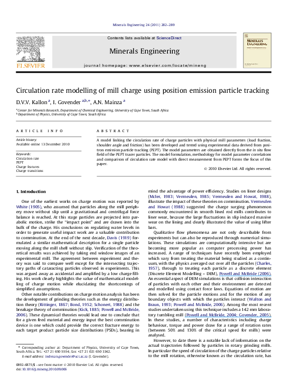 (PDF) Circulation rate modelling of mill charge using position emission ...