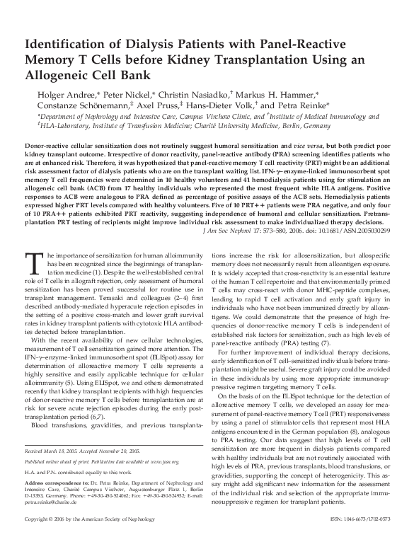 Identification of Dialysis Patients with Panel-Reactive Memory T Cells ...