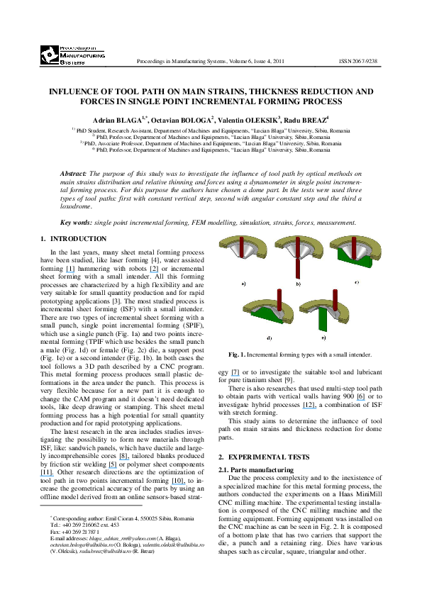 (PDF) INFLUENCE OF TOOL PATH ON MAIN STRAINS, THICKNESS REDUCTION AND ...