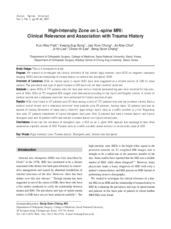(PDF) High-Intensity Zone on L-spine MRI: Clinical Relevance and ...