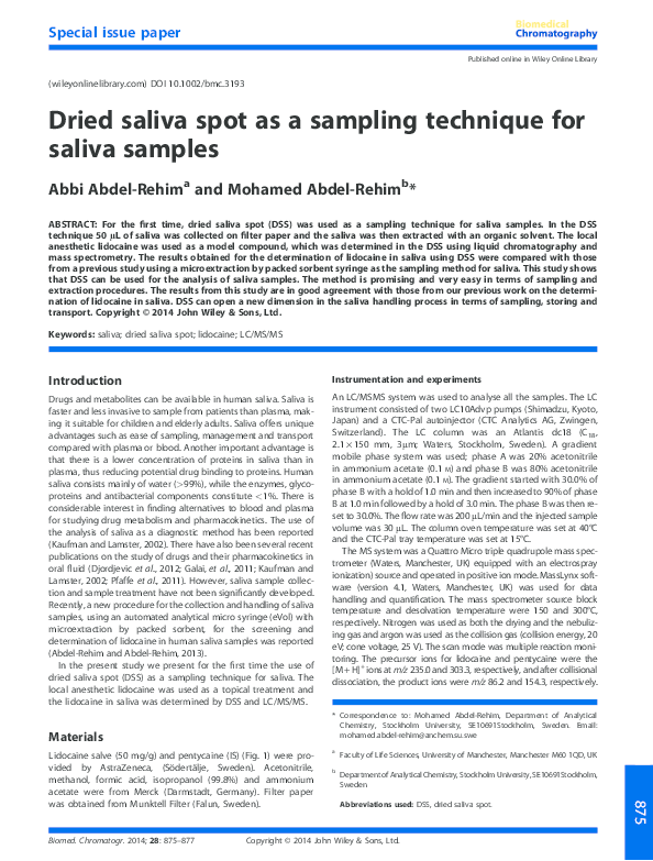 (PDF) Dried saliva spot as a sampling technique for saliva samples