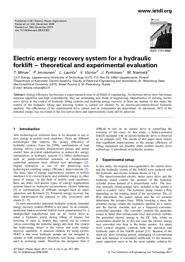 (PDF) Electric energy recovery system for a hydraulic forklift