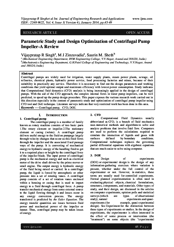 (PDF) Parametric Study and Design Optimization of Centrifugal Pump Impeller-A Review