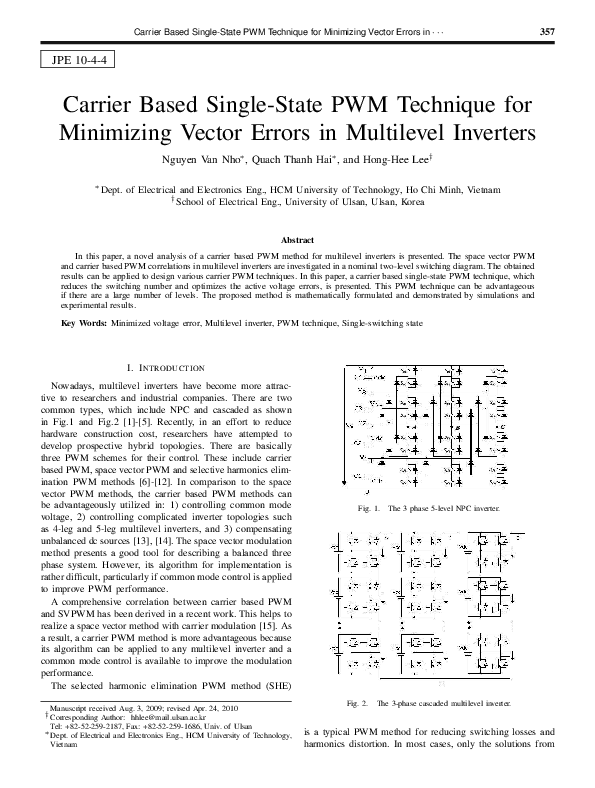 Pdf Carrier Based Single State Pwm Technique For Minimizing Vector