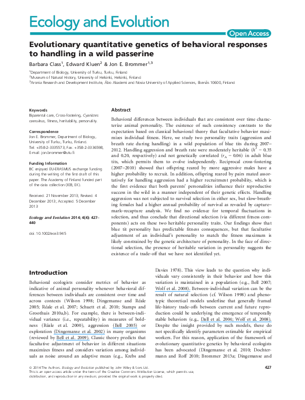 (PDF) Evolutionary quantitative genetics of behavioral responses to handling in a wild passerine