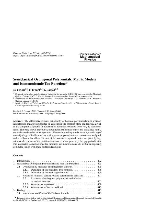 (PDF) Semiclassical Orthogonal Polynomials, Matrix Models and Isomonodromic Tau Functions