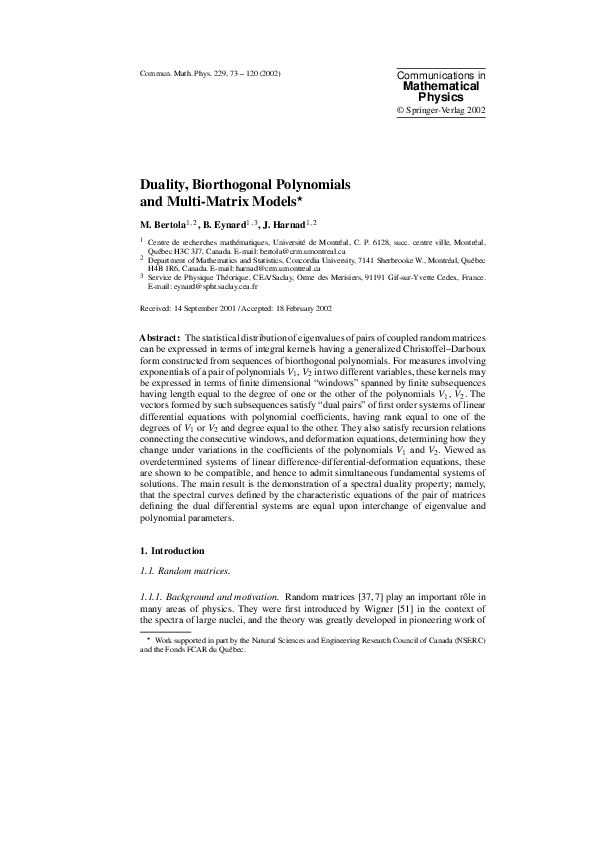 (PDF) Duality, Biorthogonal Polynomials¶and Multi-Matrix Models