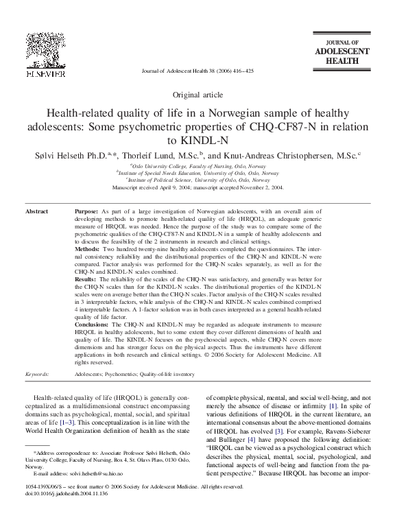 (PDF) Health-related quality of life in a Norwegian sample of healthy ...
