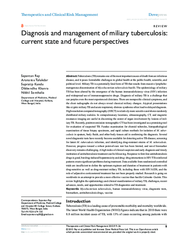 (PDF) Diagnosis and management of miliary tuberculosis: current state and future perspectives