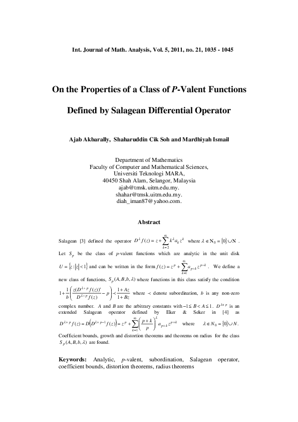 (PDF) On the properties of a class of p-valent functions defined by Salagean differential operator