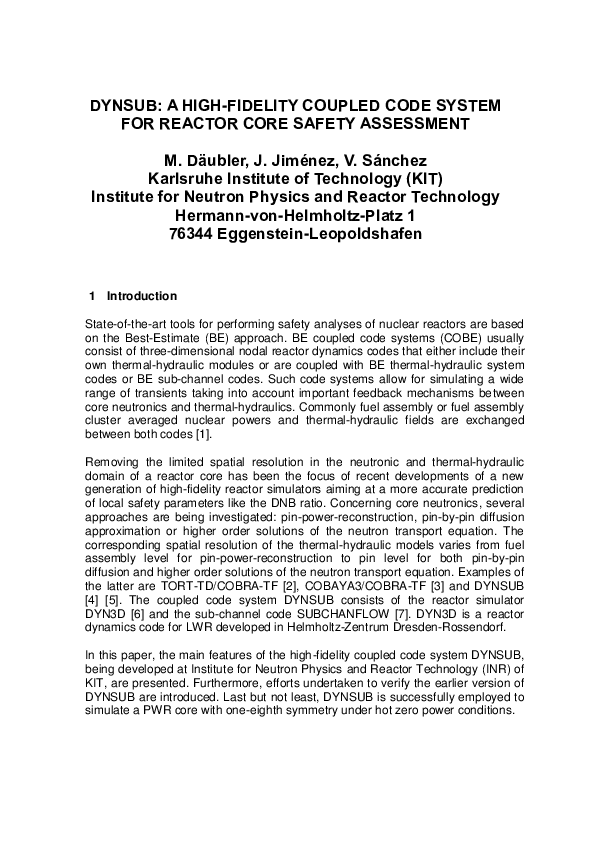 (PDF) DYNSUB: A HIGH-FIDELITY COUPLED CODE SYSTEM FOR REACTOR CORE SAFETY ASSESSMENT