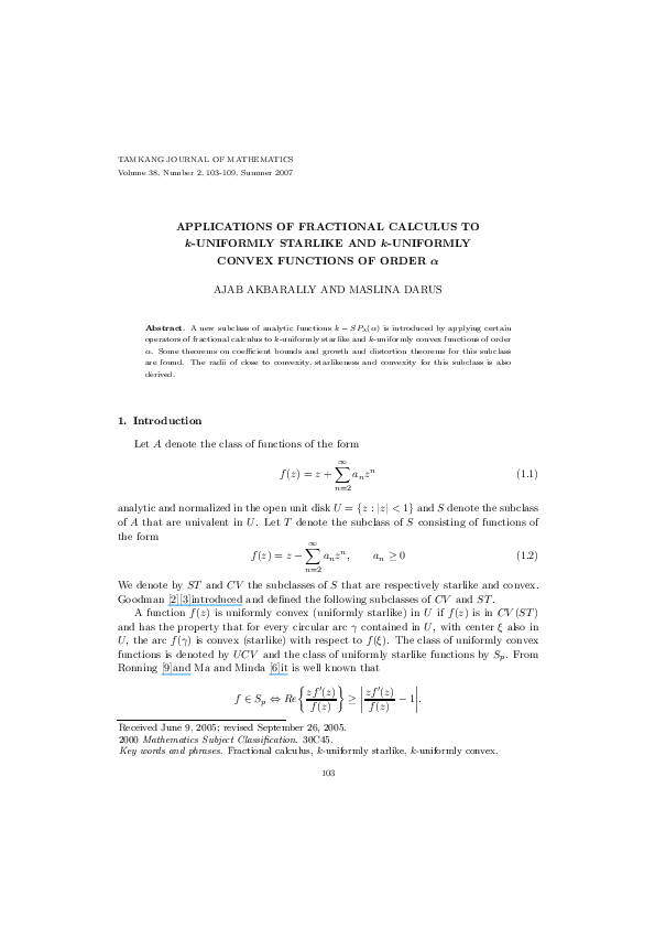(PDF) Applications of fractional calculus to k-uniformly starlike and k-uniformly convex ...