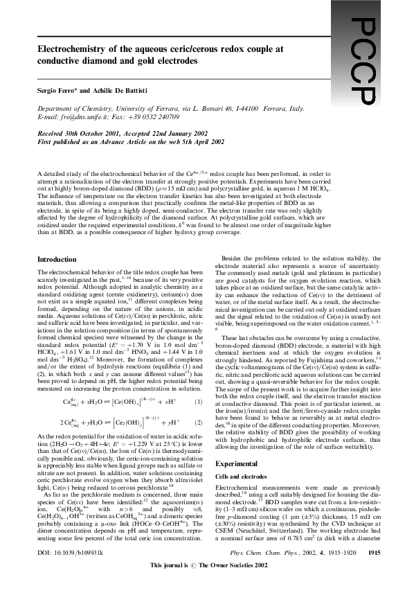 (PDF) Electrochemistry of the aqueous ceric/cerous redox couple at ...
