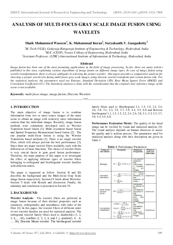 (PDF) ANALYSIS OF MULTI-FOCUS GRAY SCALE IMAGE FUSION USING WAVELETS