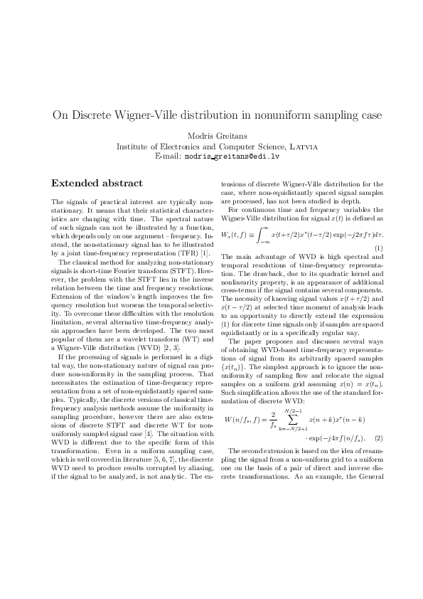 (PDF) On Discrete Wigner-Ville distribution in nonuniform sampling case