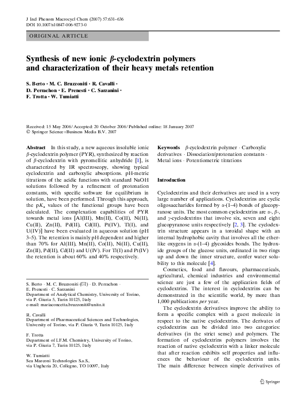 Pdf Synthesis Of New Ionic β Cyclodextrin Polymers And Characterization Of Their Heavy Metals