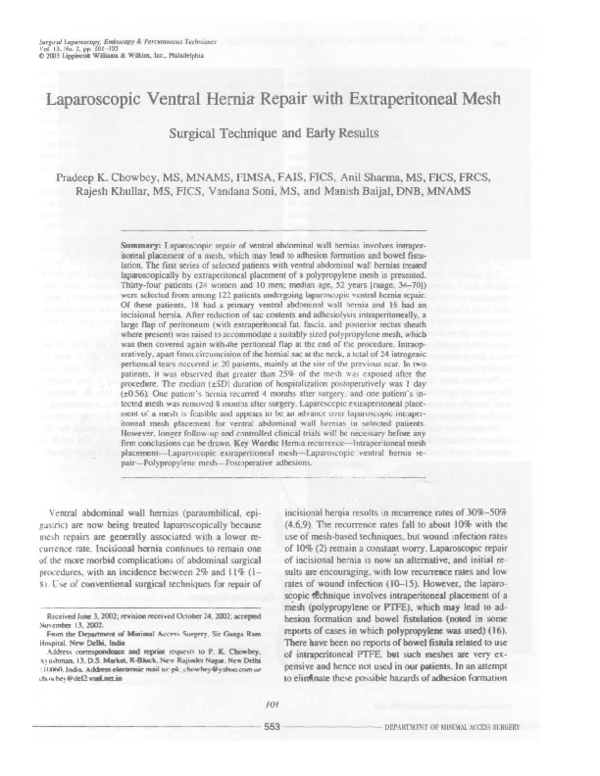(PDF) Laparoscopic Ventral Hernia Repair with Extraperitoneal Mesh