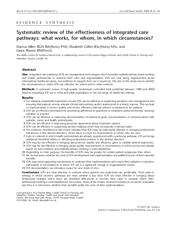(PDF) Systematic review of the effectiveness of integrated care pathways