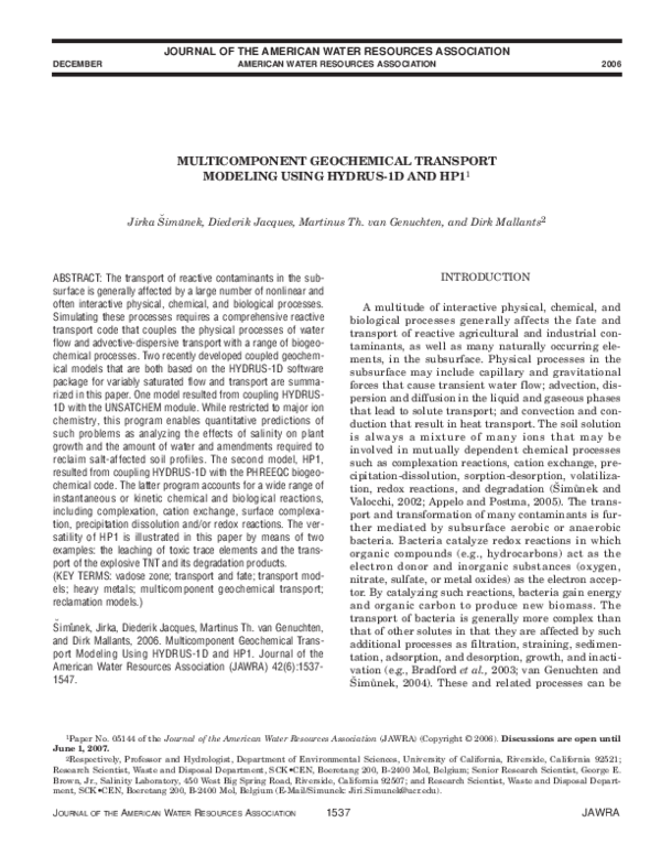 (PDF) Multicomponent geochemical transport modeling using HYDRUS-1D and HP1