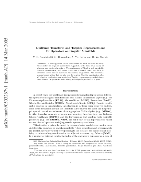Pdf Guillemin Transform And Toeplitz Representations For Operators On Singular Manifolds