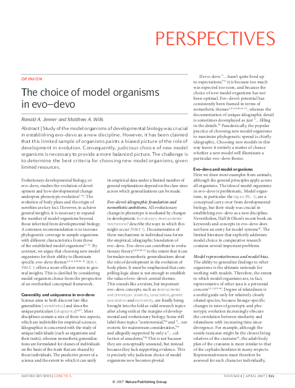 (PDF) The choice of model organisms in evo–devo