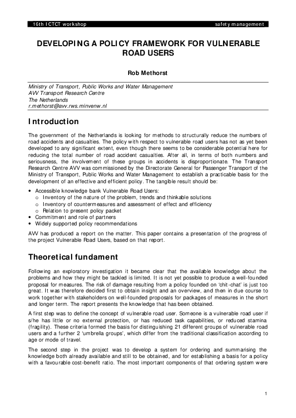 (PDF) DEVELOPING A POLICY FRAMEWORK FOR VULNERABLE ROAD USERS