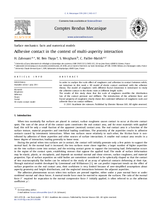 (PDF) Adhesive contact in the context of multi-asperity interaction