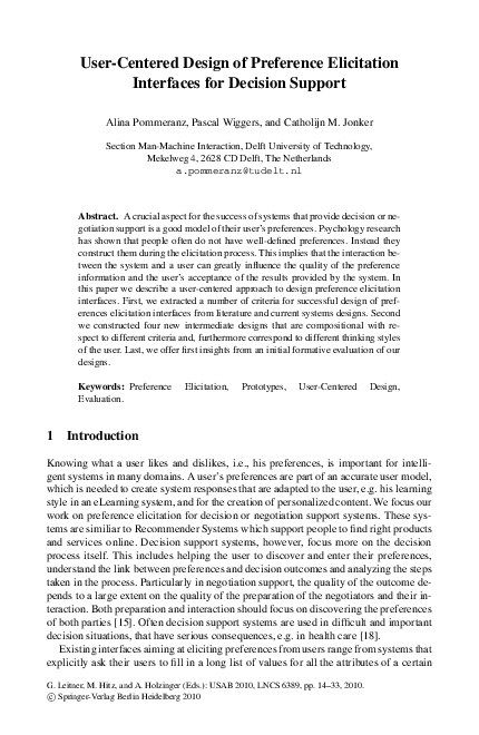 Pdf User Centered Design Of Preference Elicitation Interfaces For Decision Support