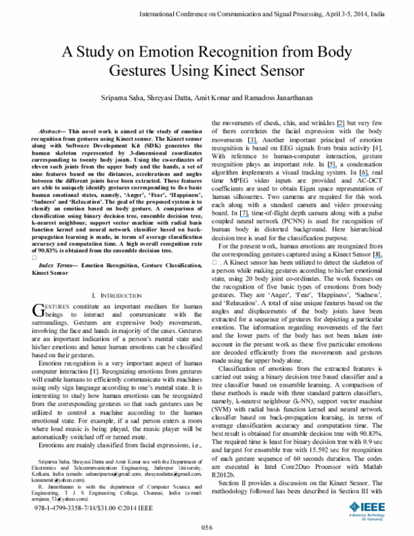 (PDF) A study on emotion recognition from body gestures using Kinect sensor