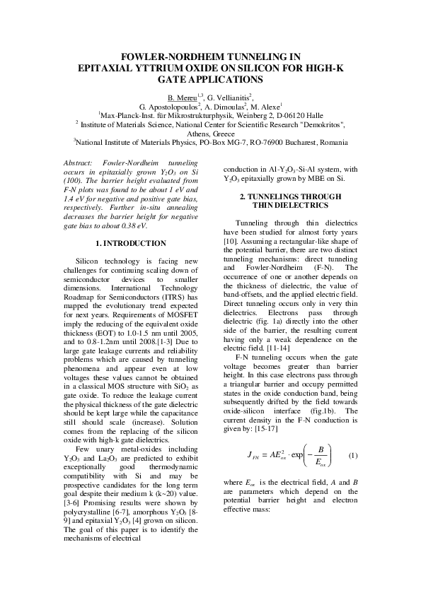 (PDF) Fowler-Nordheim tunneling in epitaxial yttrium oxide on silicon for high-k gate applications