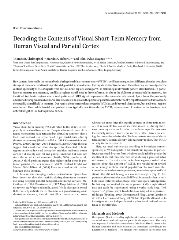 (PDF) Decoding the Contents of Visual Short-Term Memory from Human Visual and Parietal Cortex