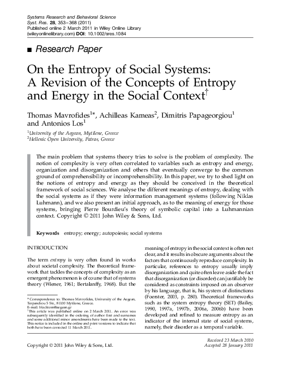 (PDF) On the Entropy of Social Systems: A Revision of the Concepts of ...