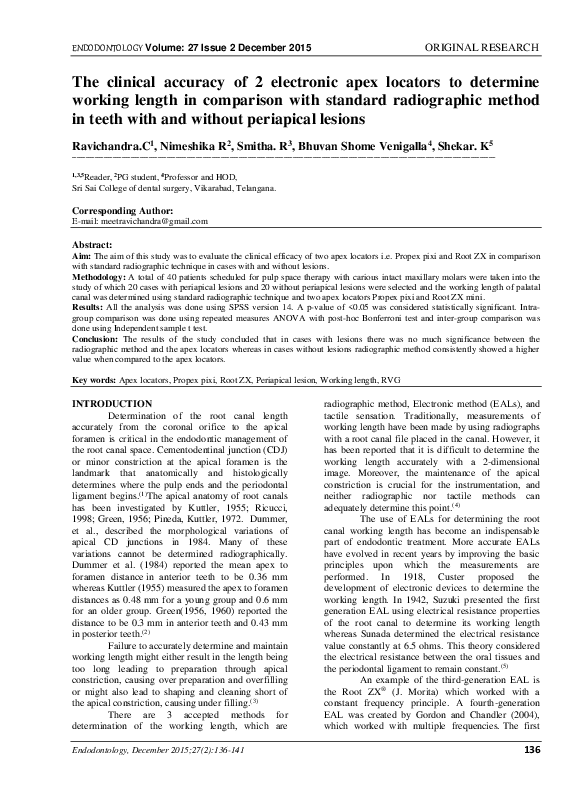 Pdf The Clinical Accuracy Of 2 Electronic Apex Locators To Determine Working Length In